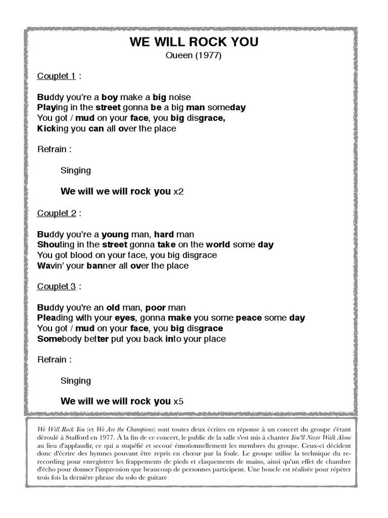 Paroles de "We Will Rock You" de Queen | PDF