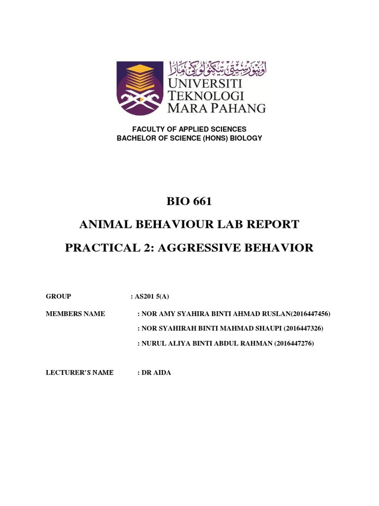 BIO 661 Animal Behaviour Lab Report Practical 2: Aggressive Behavior ...