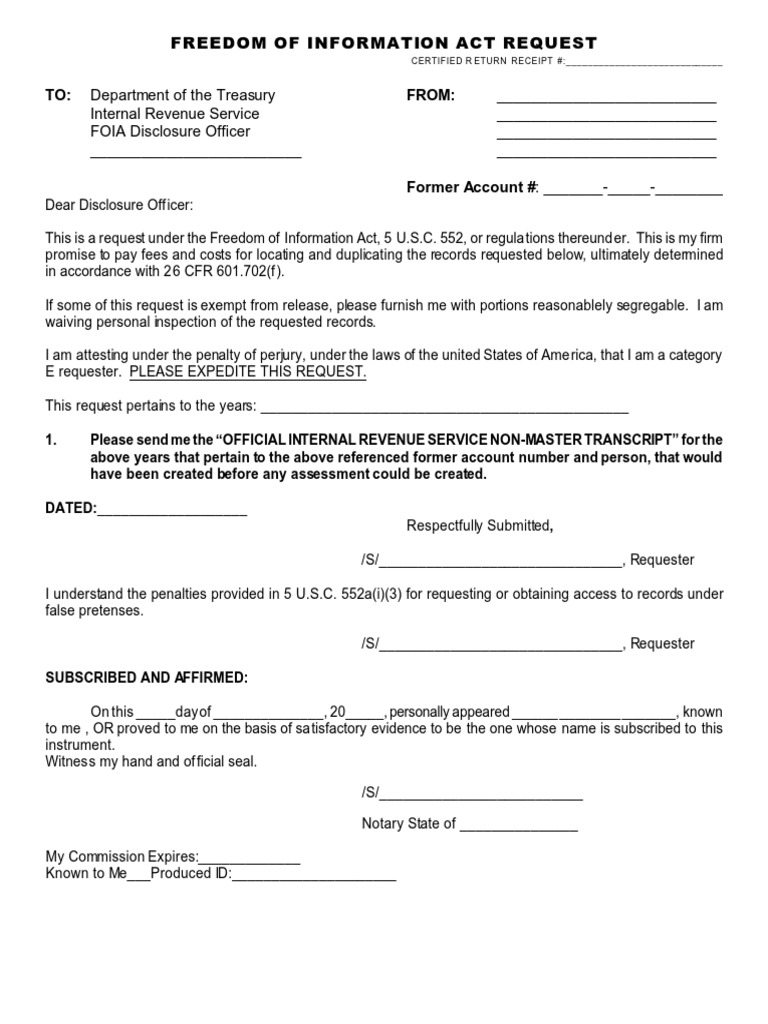 Request for Internal Revenue Service Non-Master Tax Transcripts under ...