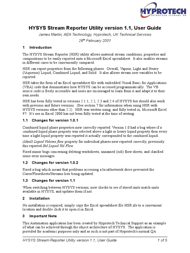 HYSYS Stream Reporter Utility Version 1.1, User Guide | PDF | Visual ...
