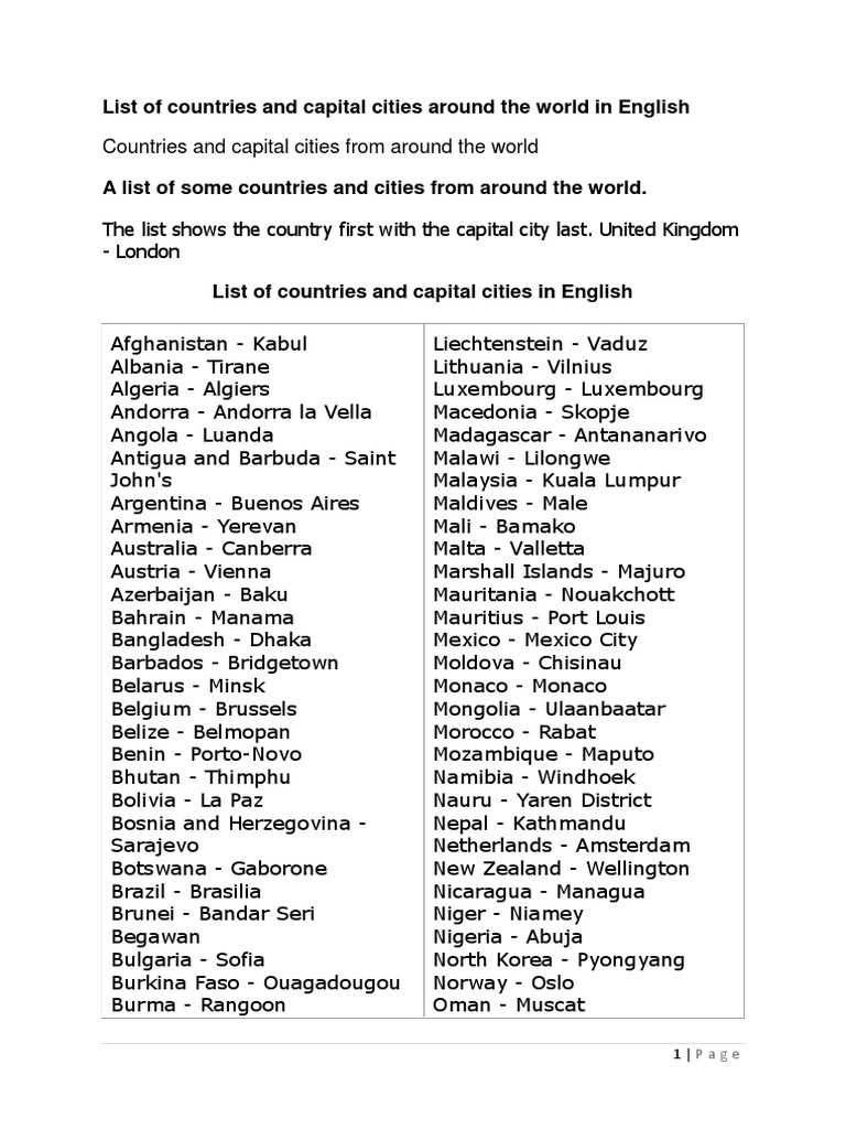 List of Countries and Capital Cities | PDF