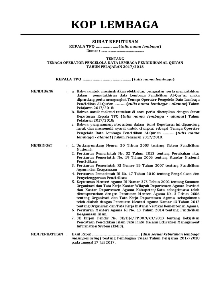 Contoh SK Operator TPQ | PDF