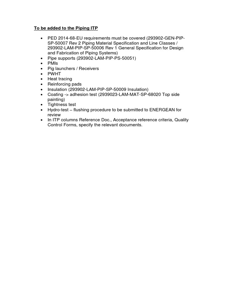To Be Added To The Piping ITP | PDF