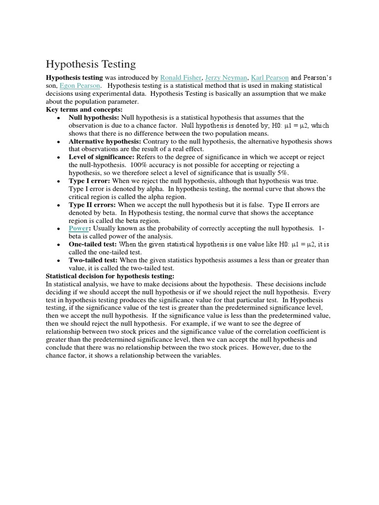 Hypothesis Testing: Ronald Fisher Jerzy Neyman Karl Pearson Egon ...