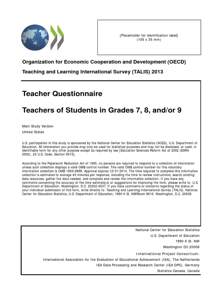 Teacher Questionnaire Teachers of Students in Grades 7, 8, And/or 9 ...