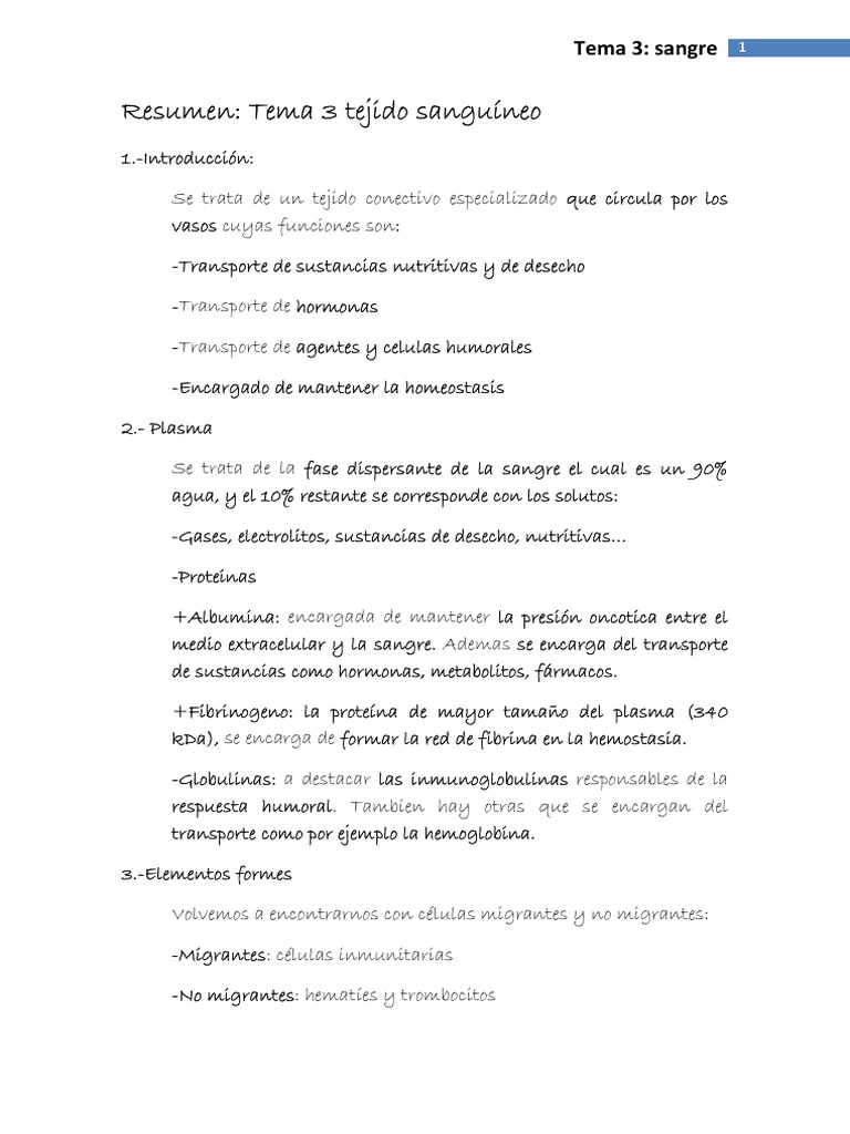 Resumen Histologia Tejido Sanguineo | PDF | Sangre | Histología