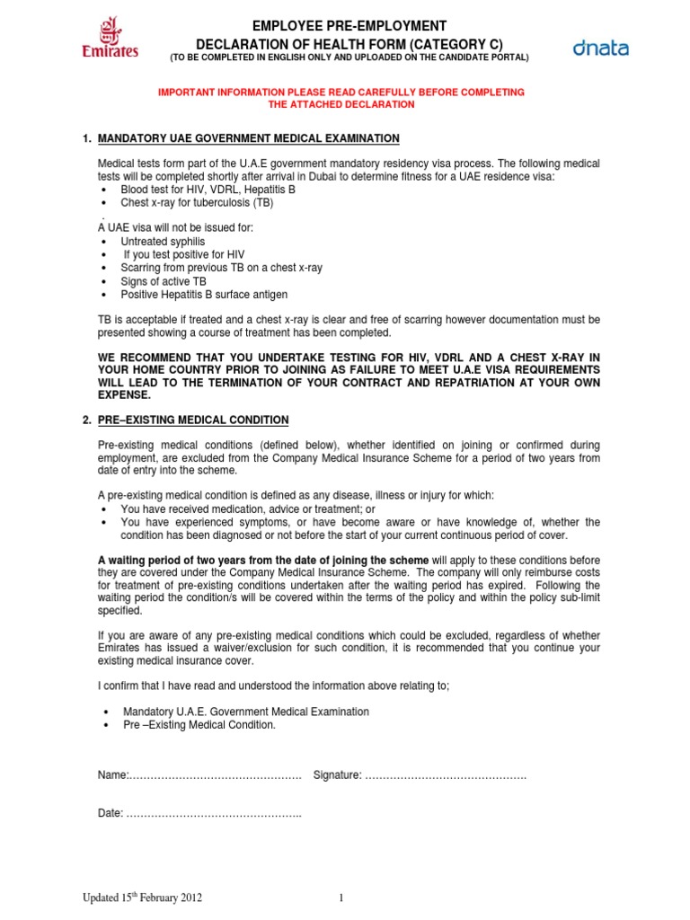 Emirates Pre-Employment Medical Examination Form PDF | PDF | Substance ...