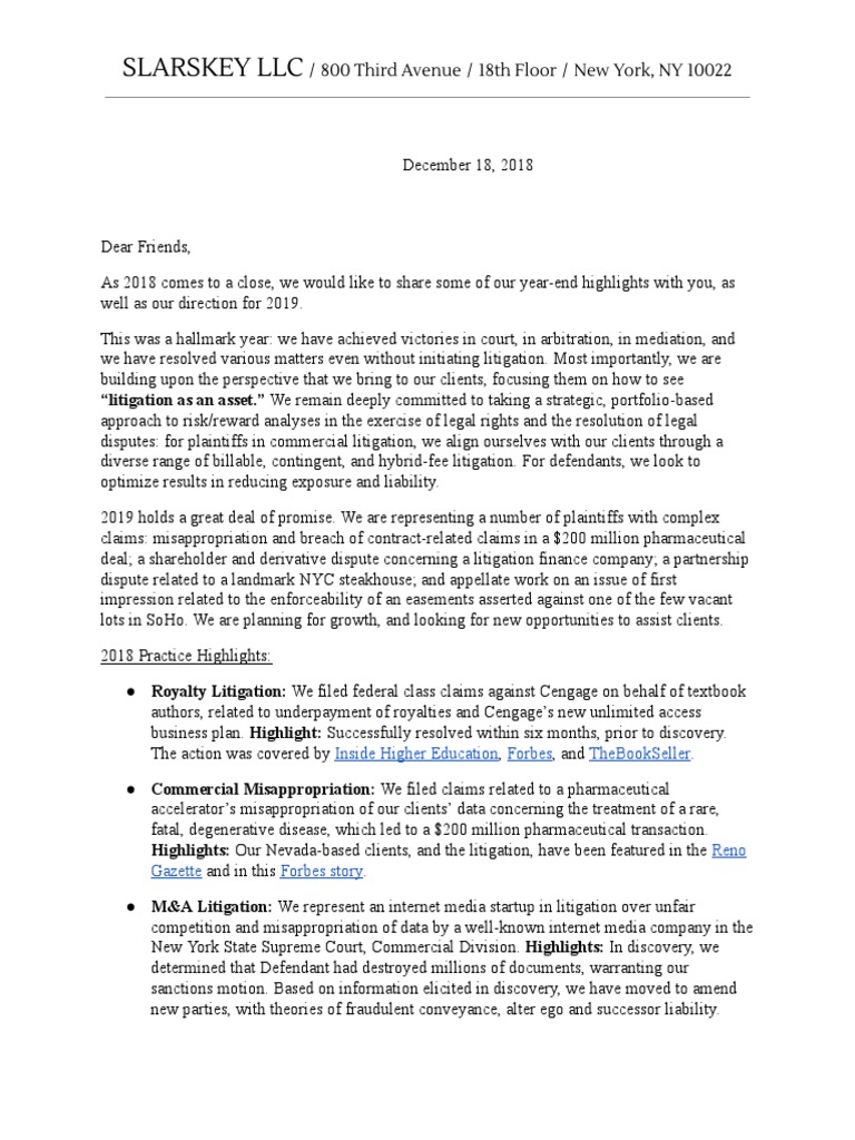 Slarskey LLC Year-End Highlights 2018 | PDF | Mediation | Attorney's Fee