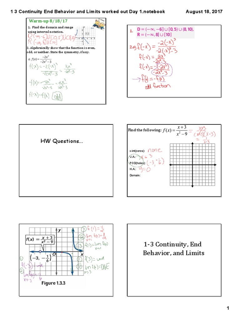 1 3 Continuity End Behavior and Limits Worked Out Day 1 | PDF