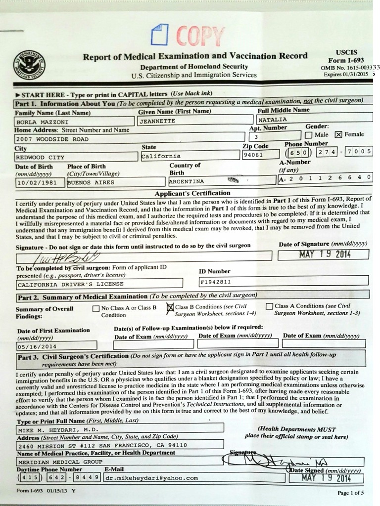 Report of Medical Examination and Vaccination Record Form Uscis 1-693 ...