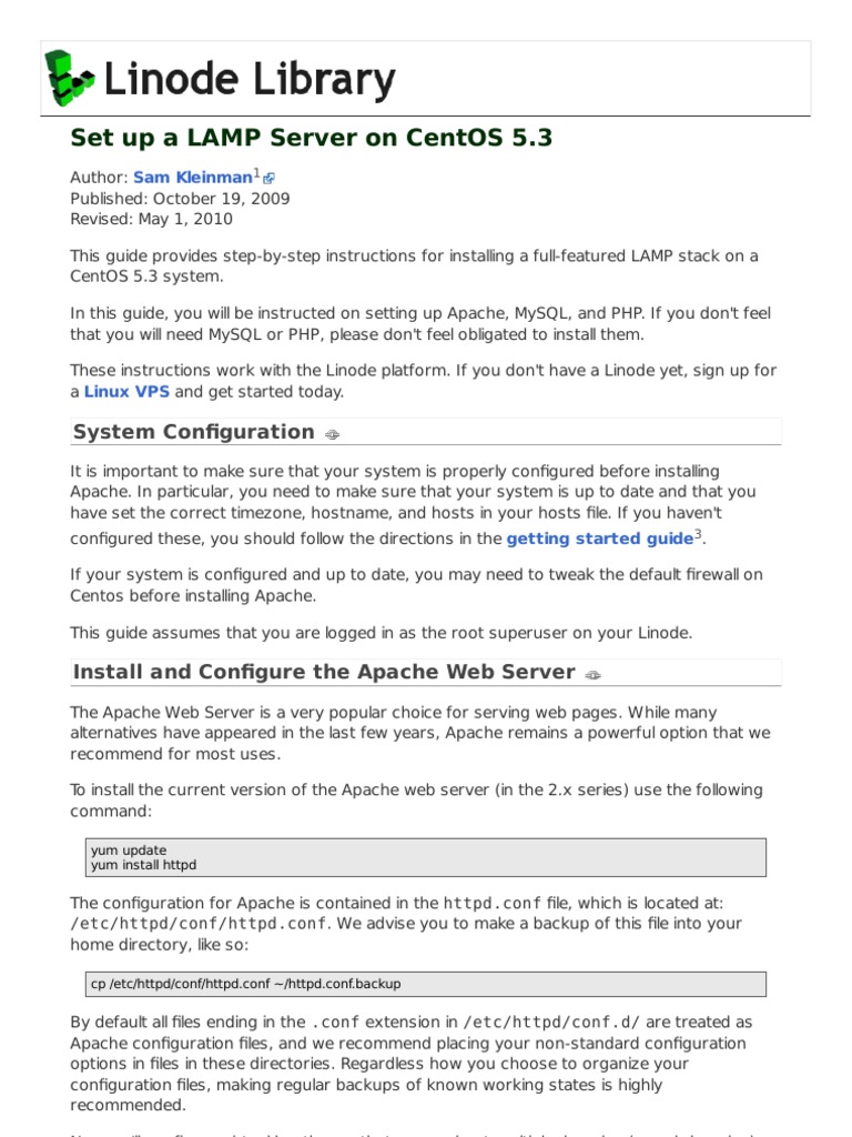 Set Up A Lamp Server On Centos 53 System Configuration Pdf Apache