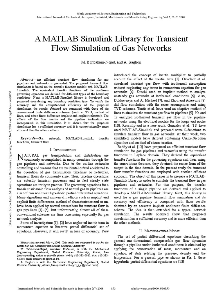 A Matlab Simulink Library For Transient Flow Simulation Of Gas Networks Pdf Nonlinear System 4163