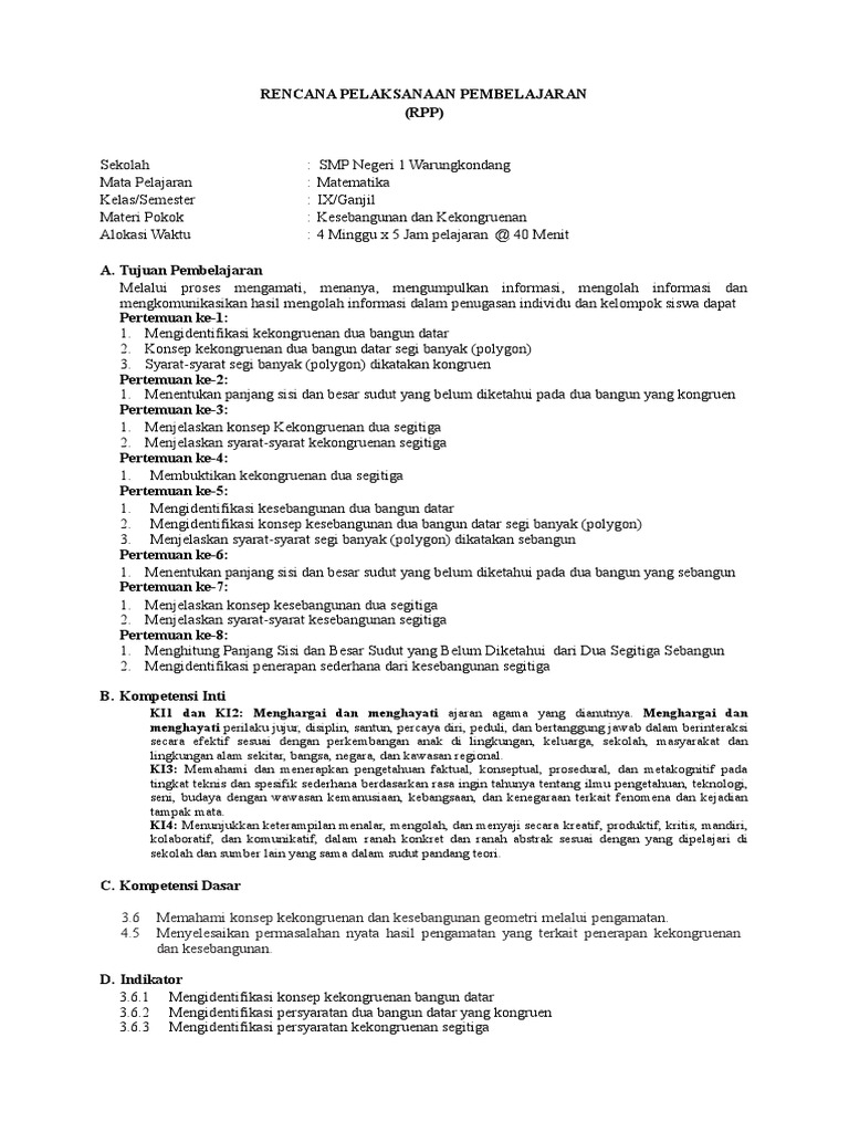 RPP Kesebangunan Dan Kekongruenan | PDF