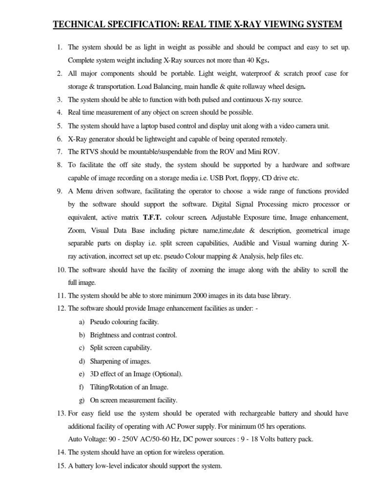 Technical Specification: Real Time X-Ray Viewing System | PDF | Image ...