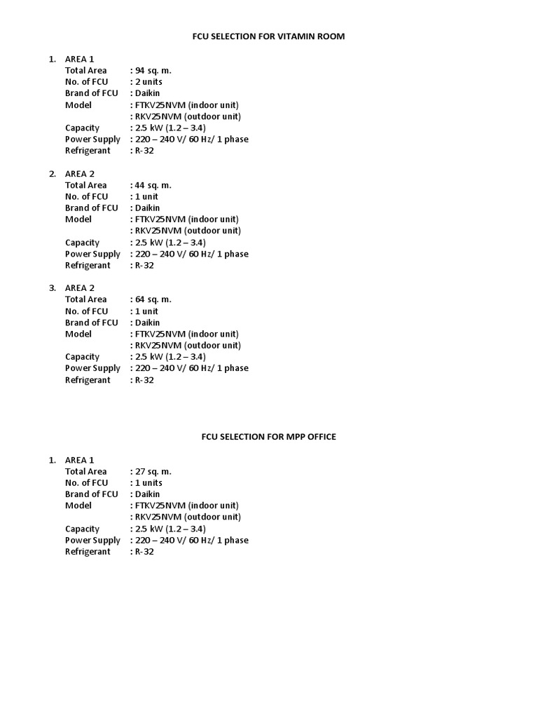 Fcu Selection For Vitamin Room | PDF