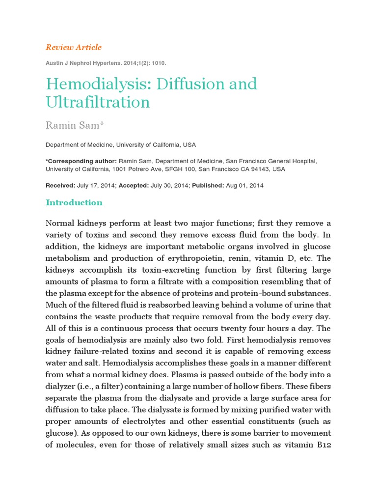 Hemodialysis: Diffusion and Ultrafiltration: Ramin Sam | PDF | Dialysis ...