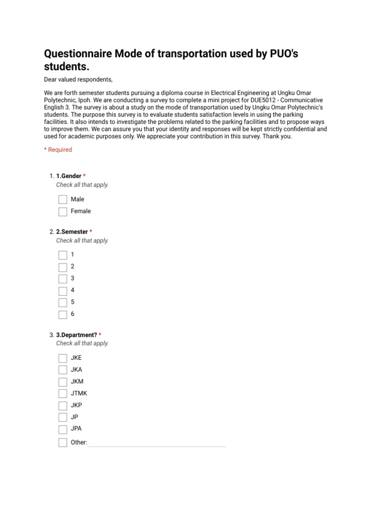 PUO student transportation survey | PDF | Parking Lot | Transport