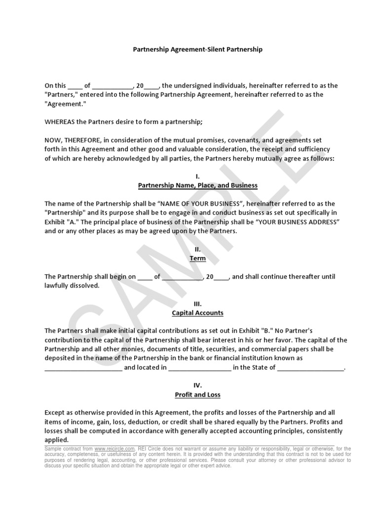 Silent Partnership Agreement Template | PDF | Partnership | Mediation
