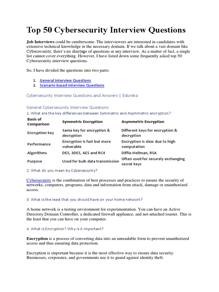 Top 50 Cybersecurity Interview Questions | PDF | Transport Layer ...
