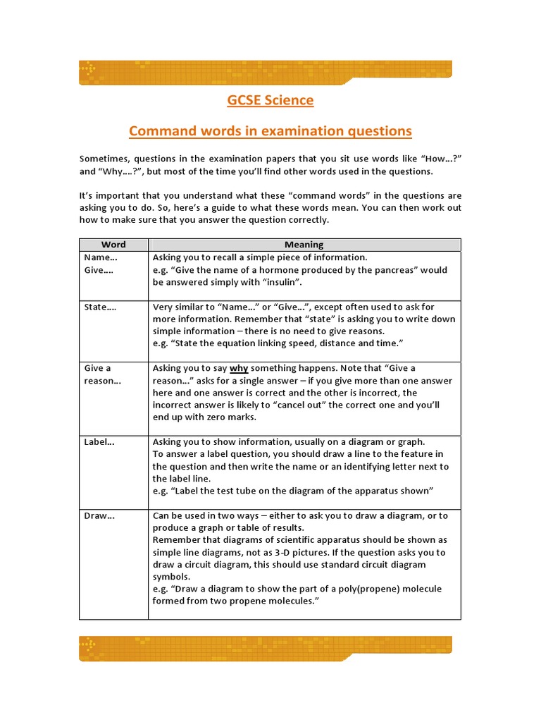 GCSE Science Command Words in Examination Questions: Word Meaning | PDF ...
