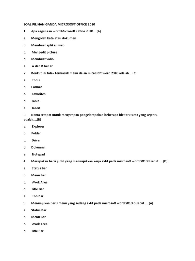 Soal Pilihan Ganda Microsoft Office 2010 | PDF
