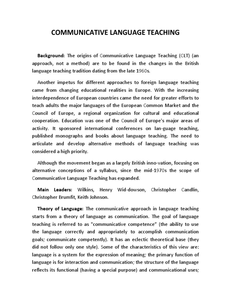 Background: The Origins of Communicative Language Teaching (CLT) (An ...