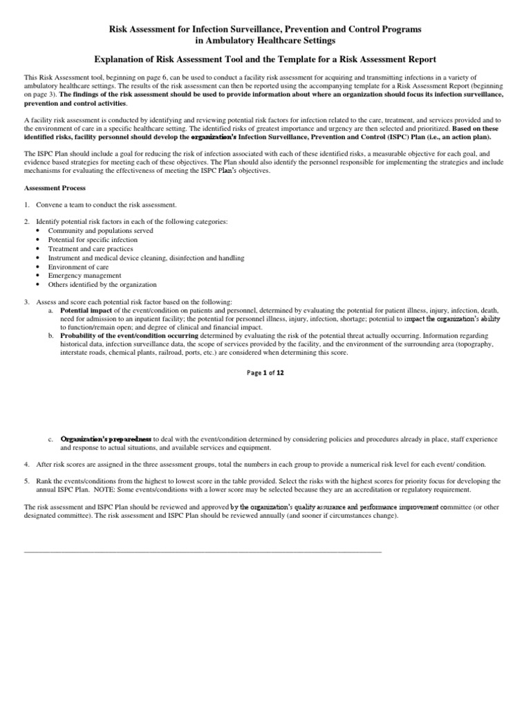 Risk Assessment Report For Infection Surveillance, Prevention and ...