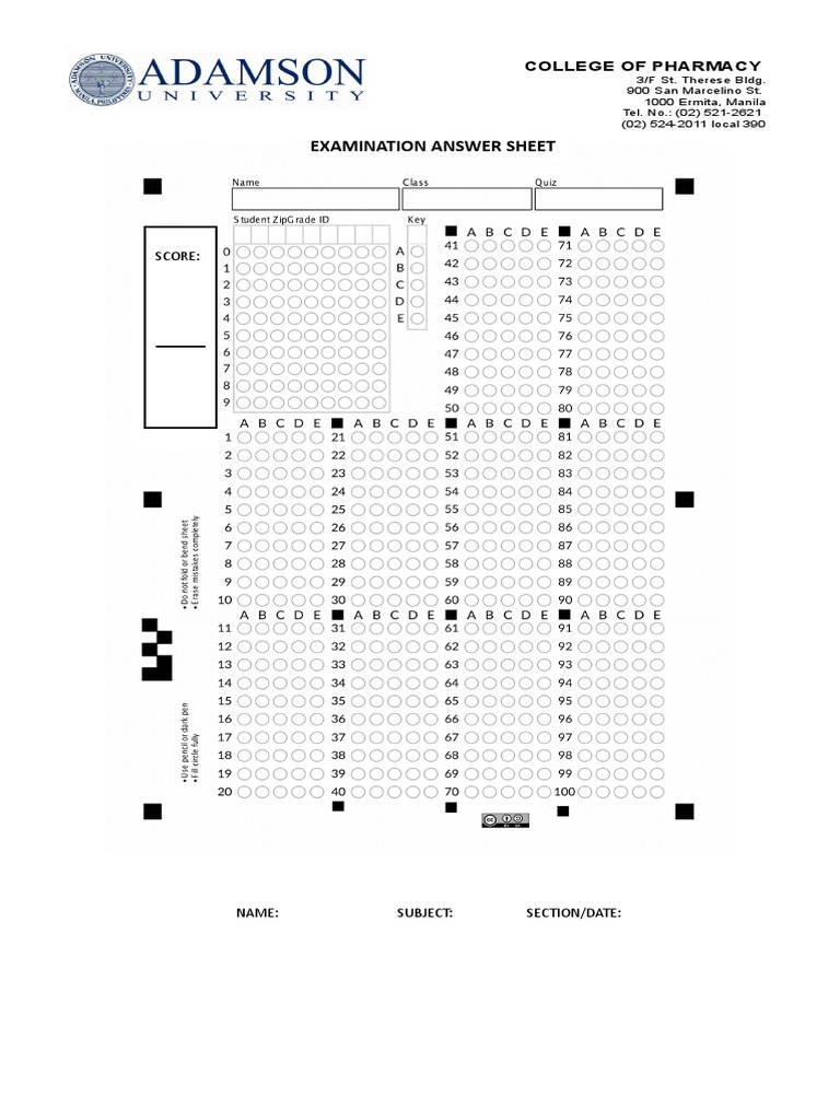 100 Items Answer Sheet