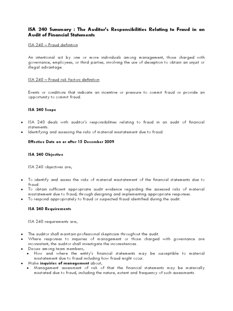 ISA 240 Summary: The Auditor's Responsibilities Relating To Fraud in An ...
