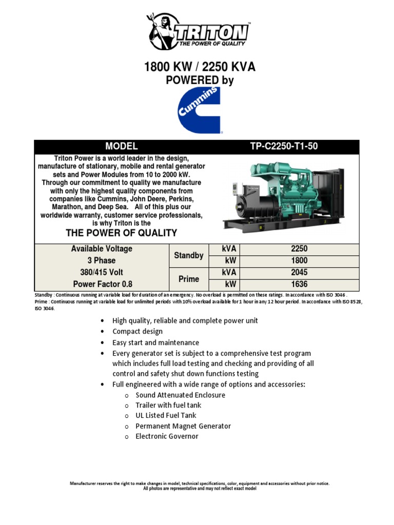2250 kVA Cummins Diesel Generator Set - Non EPA - 50Hz TP-C2250-T1-50 ...