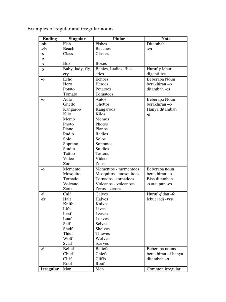 Example of Regular and Irregular Noun | PDF | Nature