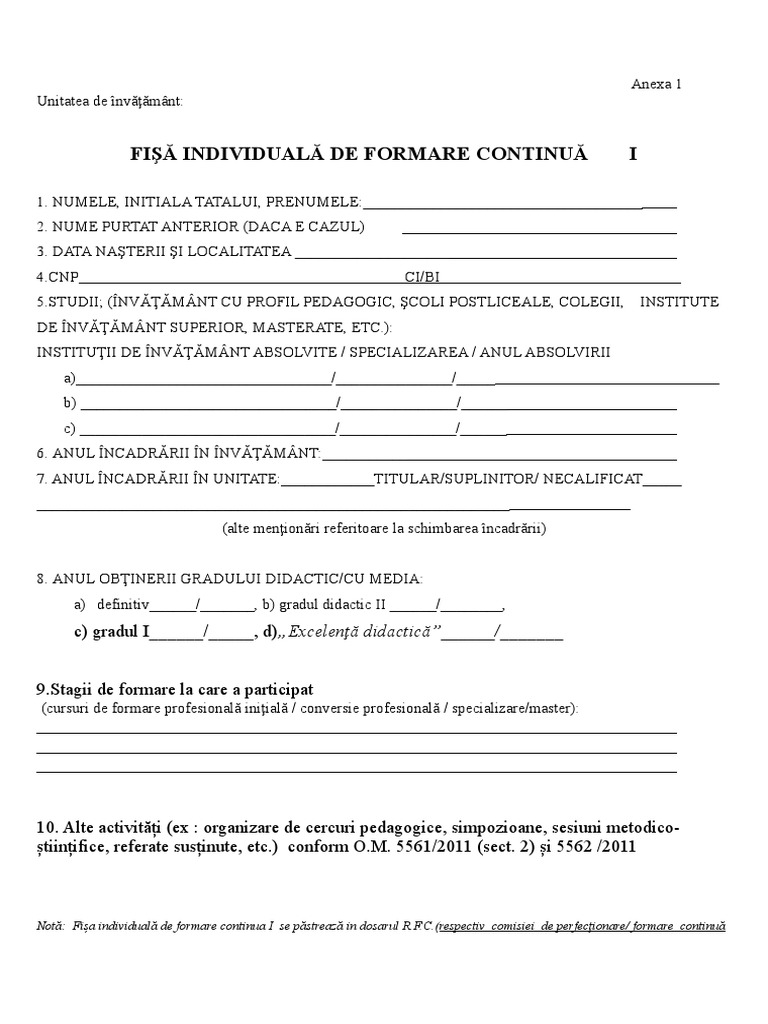 Fisa Individuala de Formare Continua Model de Completat | PDF