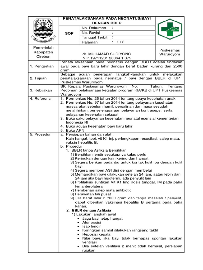 01 SOP Penatalaksanaan Bayi BBLR | PDF | Pengembangan Diri | Kesehatan Holistik