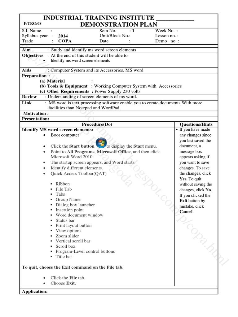 Word Study Of Ms Word Screen Elements Bitsofcomputer Pdf Human