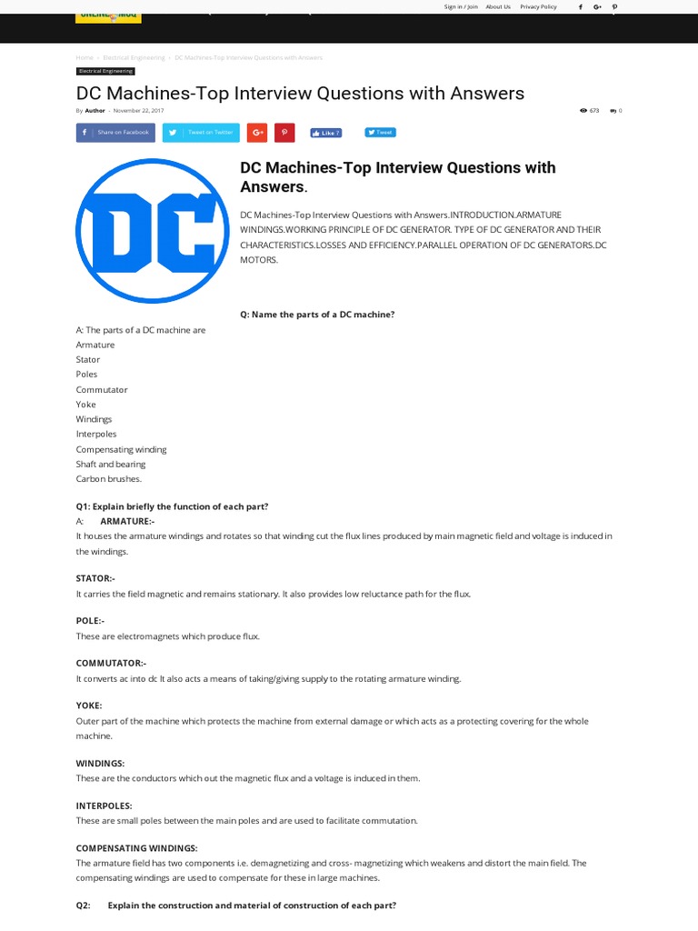 DC Machines-Top Interview Questions With Answers - Onlinemcq | PDF ...