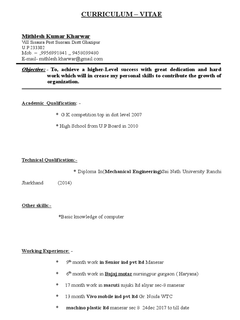 Curriculum - Vitae: Mithlesh Kumar Kharwar | PDF