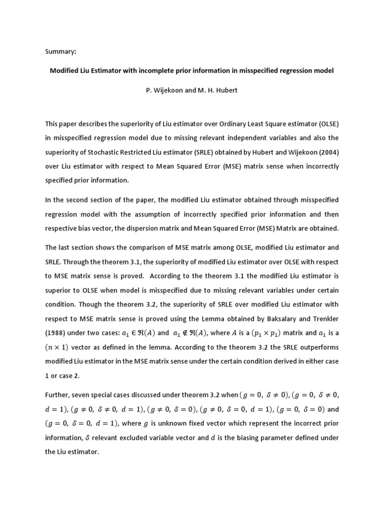 Modified Liu Estimator With Incomplete Prior Information in Misspecified Regression Model | PDF ...