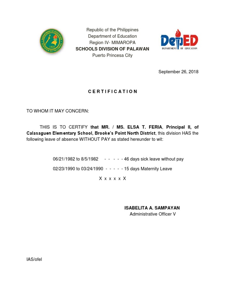 Certification of Leave Without Pay | PDF