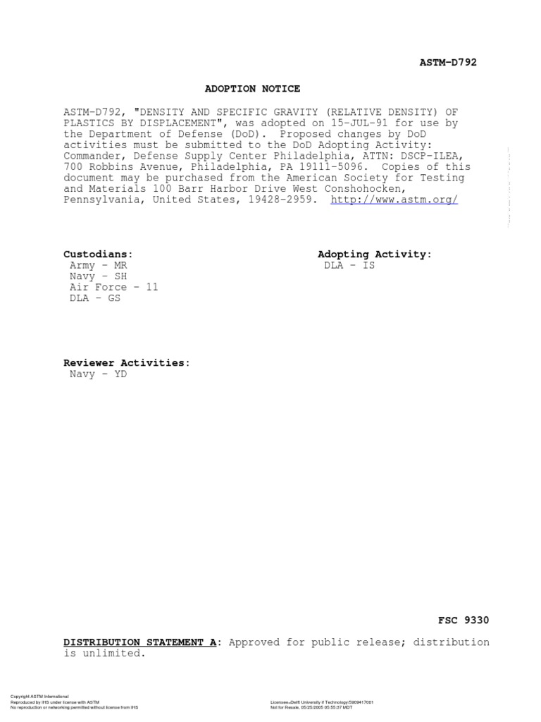 ASTM D792 Density | PDF | Density | Kilogram
