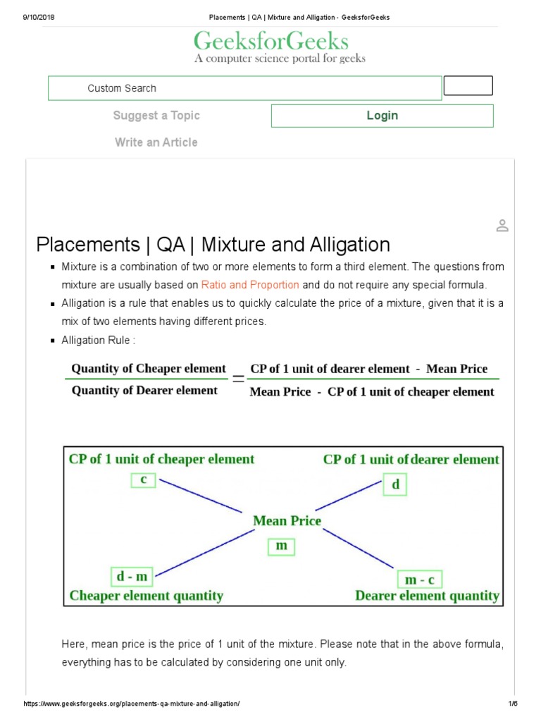 Placements - QA - Mixture and Alligation: Suggest A Topic Write An Article | PDF | Formula | Mixture