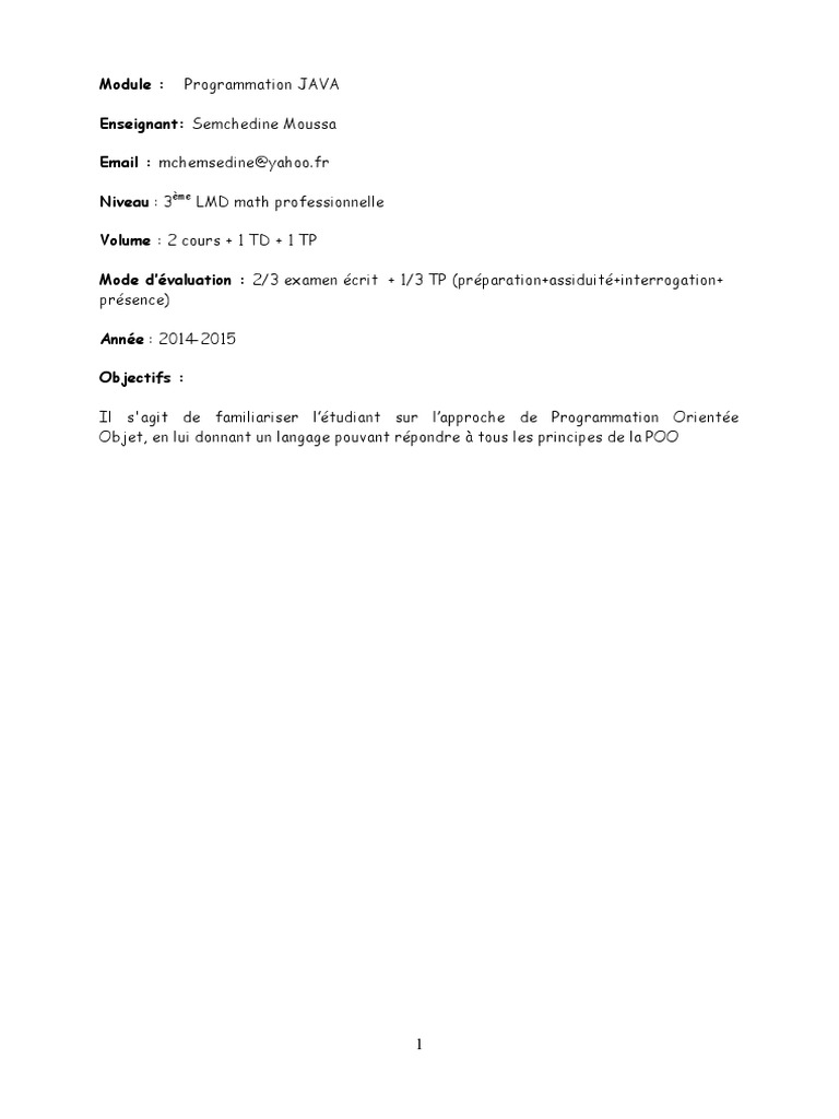 Cours Java 2015 | Descargar gratis PDF | Classe (informatique) | Java (Langage de programmation)