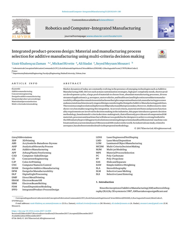 Integrated Product-Process Design - Material and Manufacturing Process Selection For Additive ...