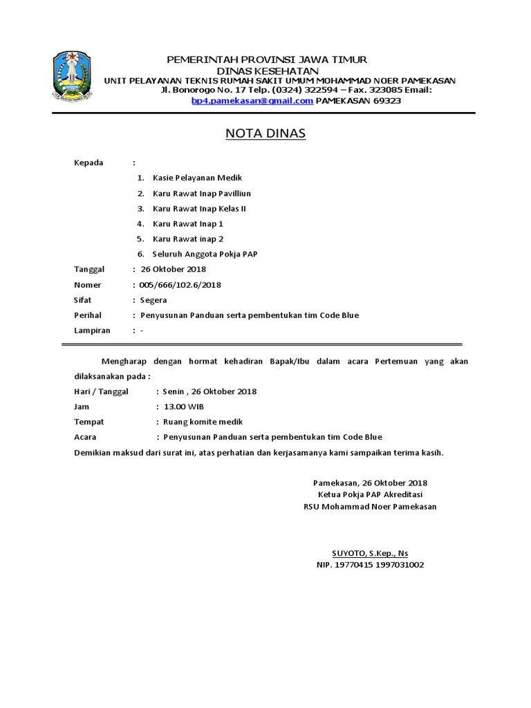 Nota Dinas Undangan Rapat Panduan Code Blue | PDF