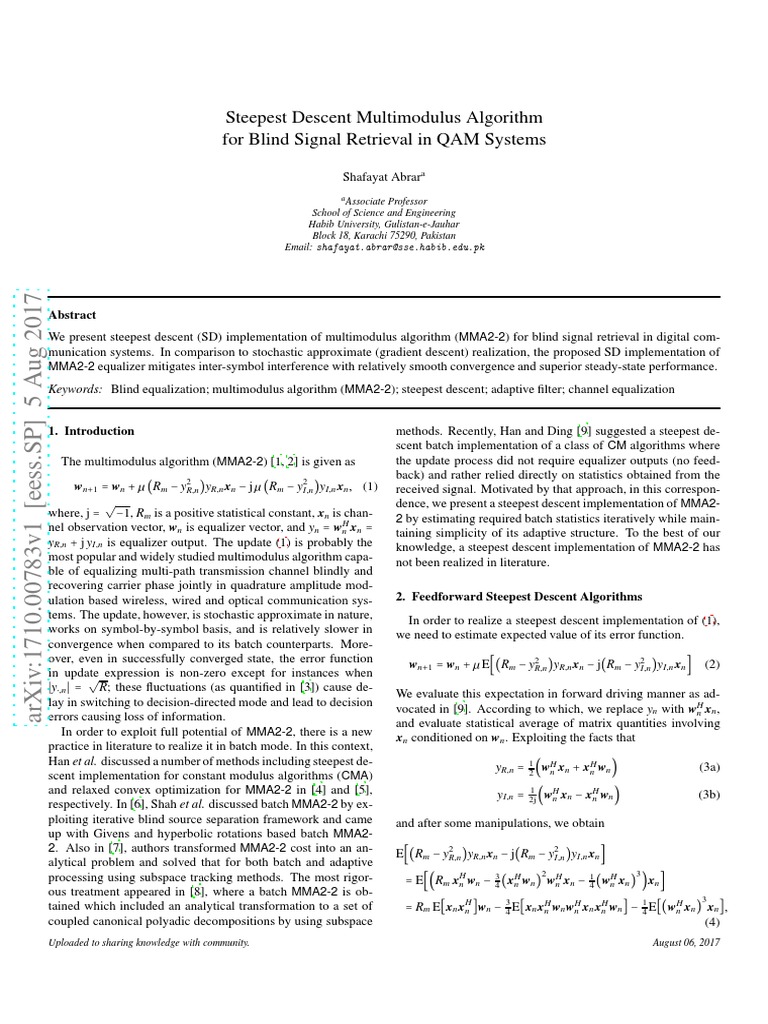 Steepest Descent Multimodulus Algorithm For Blind Signal Retrieval In Qam Systems Pdf