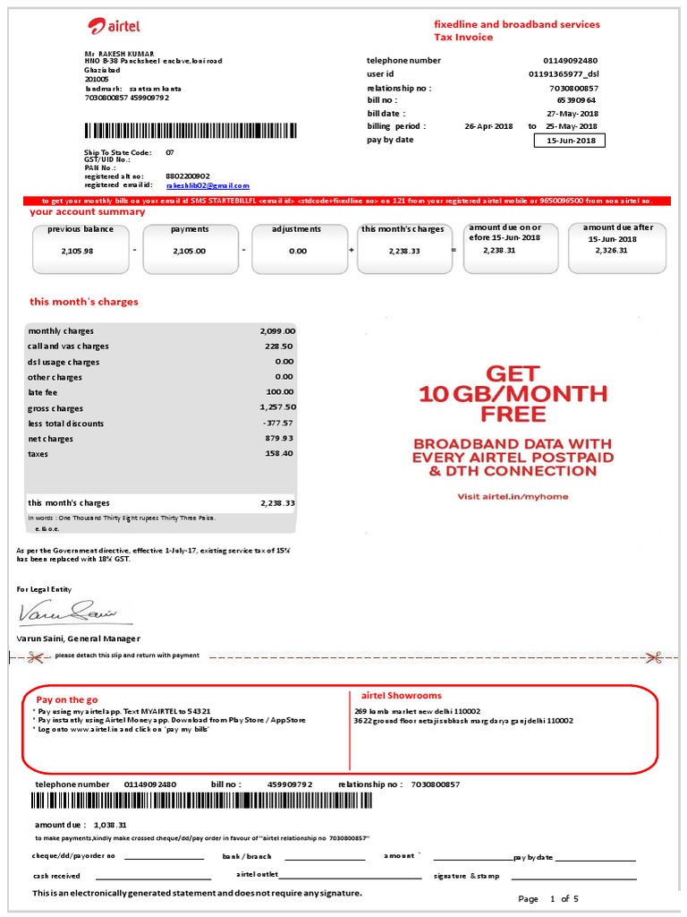 Fixedline and Broadband Services Tax Invoice: Telephone Number ...