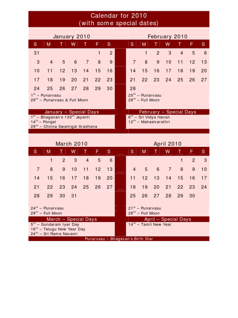 2010 Calendar with Special Dates | PDF