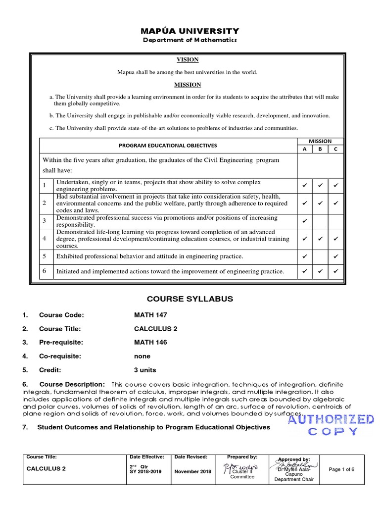 MATH147 Syllabus | PDF | Integral | Summation