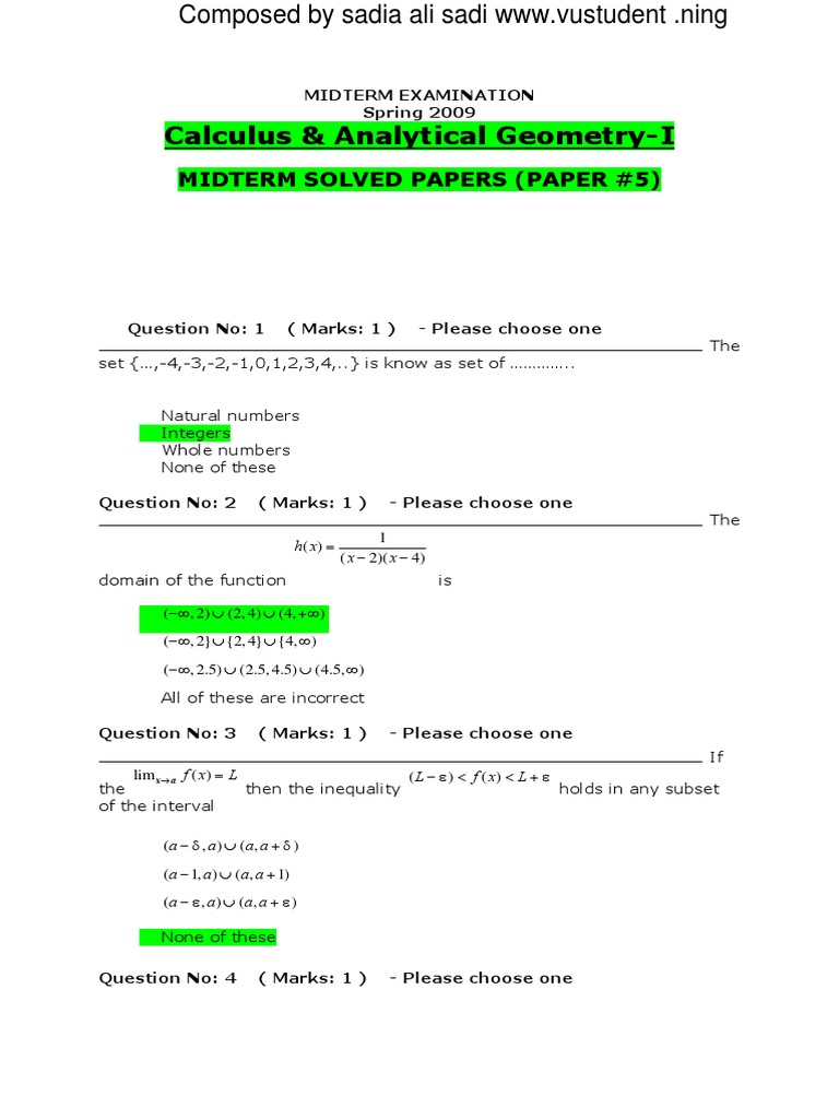 MTH 101 Midterm Solved Paper 5 | PDF | Derivative | Functions And Mappings