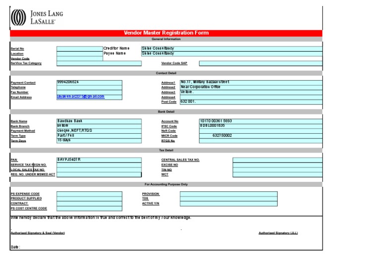 Vendor Master Registration Form: Creditor Name Payee Name | PDF ...