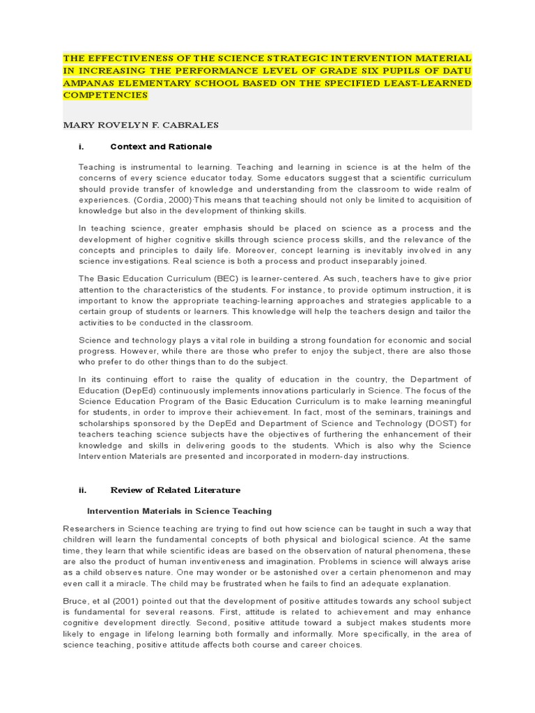 I. Context and Rationale: Review of Related Literature | PDF | Science ...